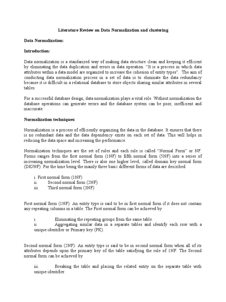 Literature Review On Data Normalization and Clustering | PDF ...
