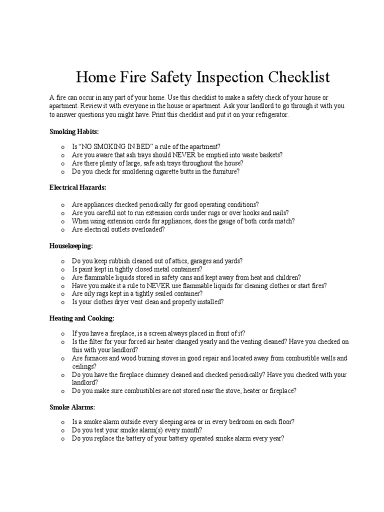 Fire Safety Checklist | PDF | Fireplace | Fires