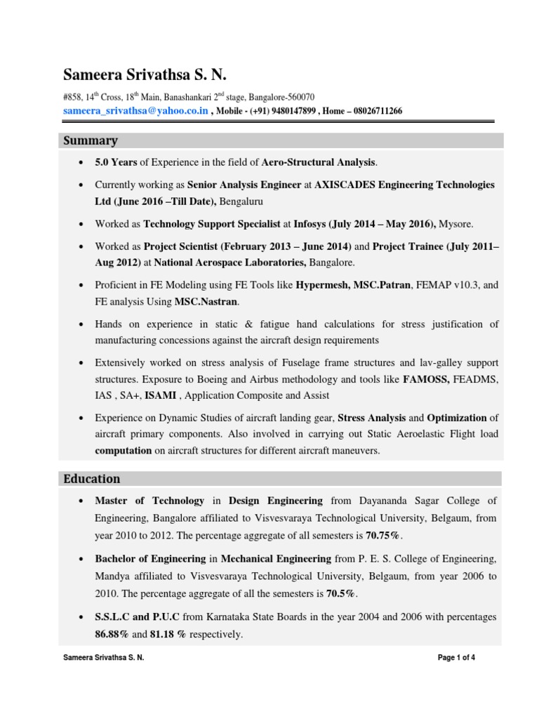 Sameera Srivathsa Resume Stress Engr PDF | Download Free PDF | Landing Gear | Stress (Mechanics)