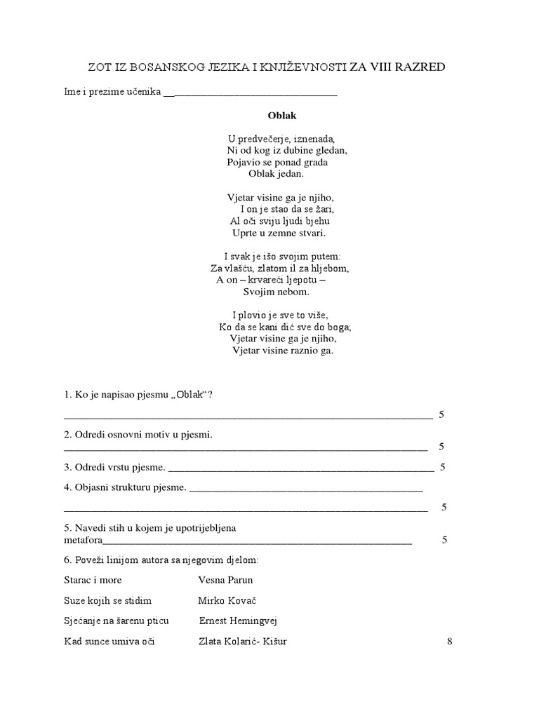 ZOT ZA VIII RAZRED (Prvo Polug. 2019-20.) | PDF