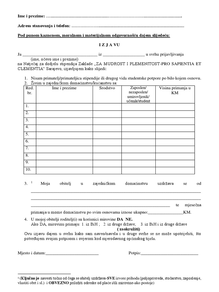 Obrazac Izjave | PDF