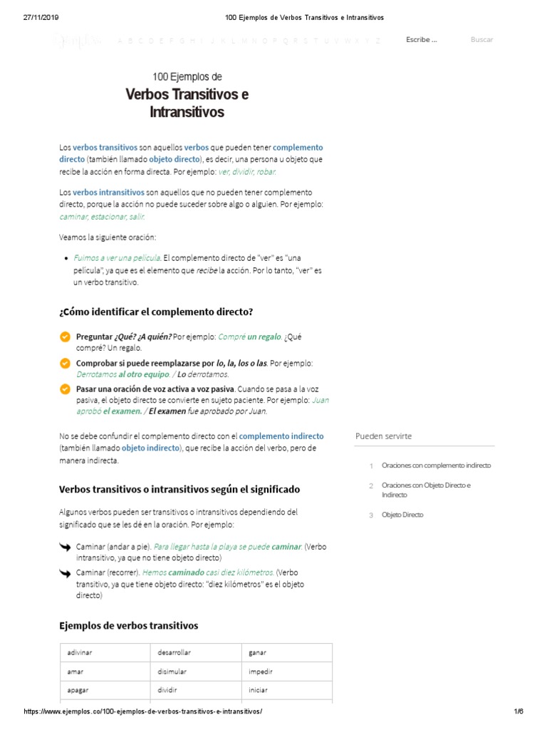 100 Ejemplos De Verbos Transitivos E Intransitivos Pdf Objeto