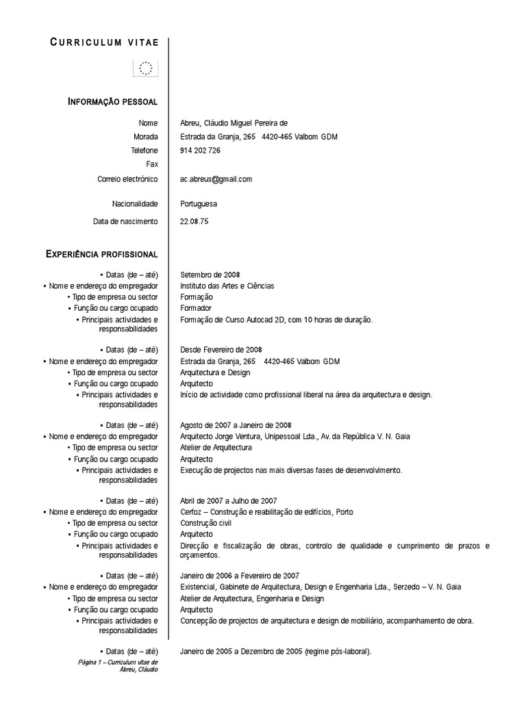 Curriculum - Vitae Europeu - Claudio | PDF | Currículo | Aprendizado