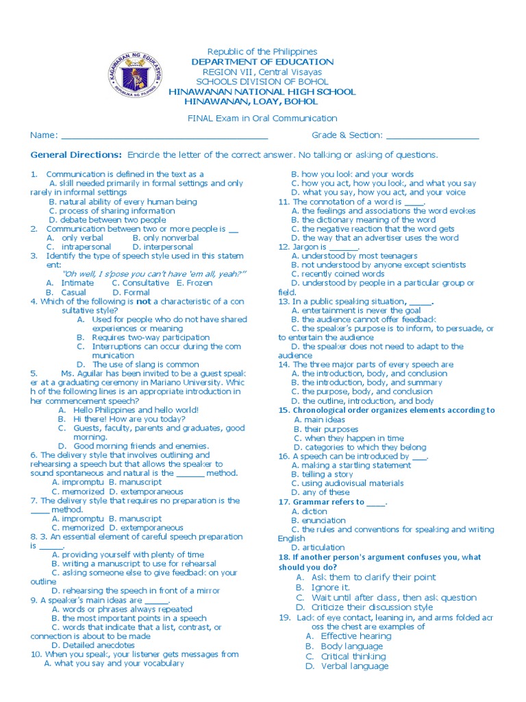 FINAL EXAM Exam in Oral Communication | PDF | Linguistics | Communication