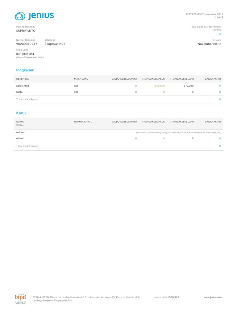 Jenius Estatement NOV 2019 PDF | PDF