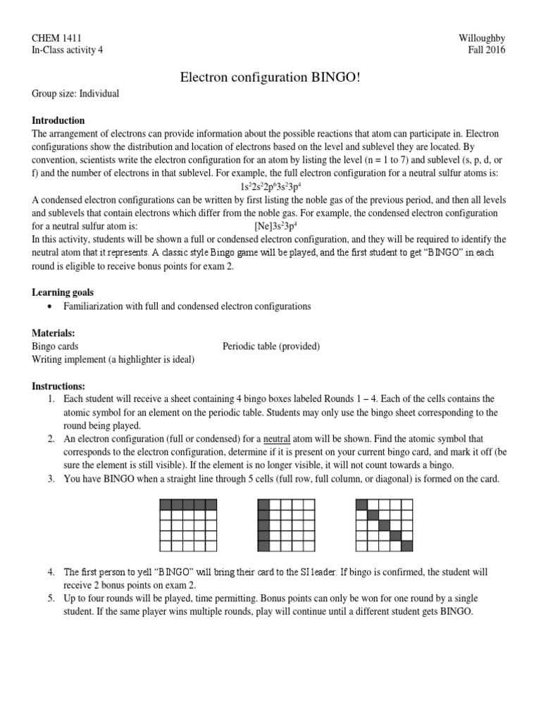 8 Electron Configuration Bingo | PDF | Electron Configuration ...