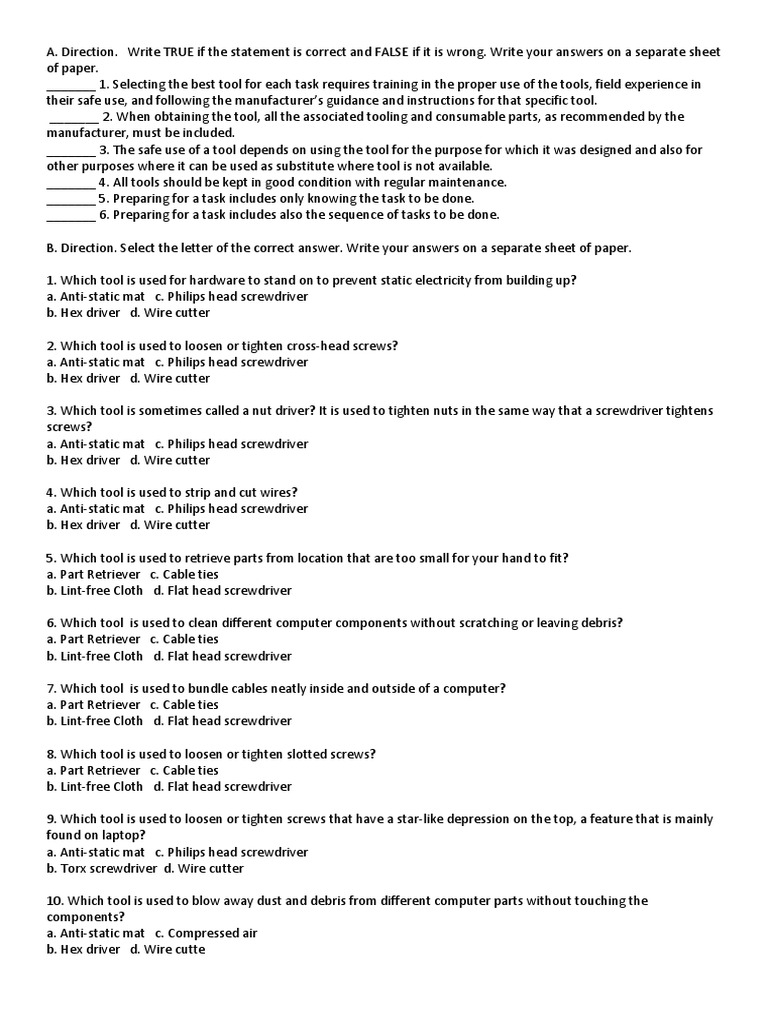 1 Pre-Assessment | PDF | Equipment | Tools