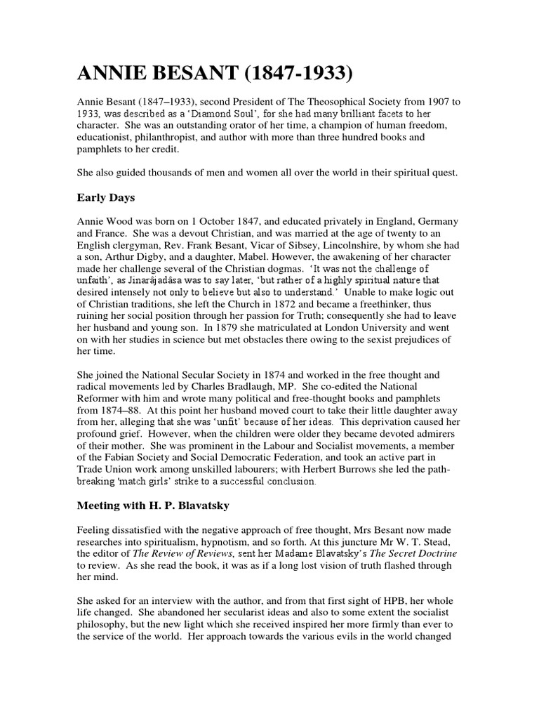 Annie Besant | PDF | Helena Blavatsky | Jiddu Krishnamurti