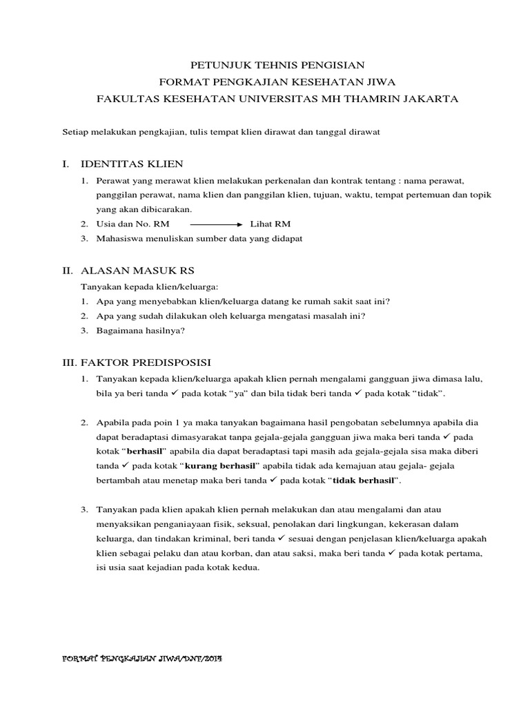 Petunjuk Tehnis Pengisian Format Pengkajian Kes Jiwa | PDF ...
