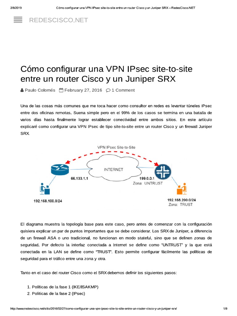 Cómo Configurar Una VPN IPsec Site-To-S... Isco y Un Juniper SRX | PDF