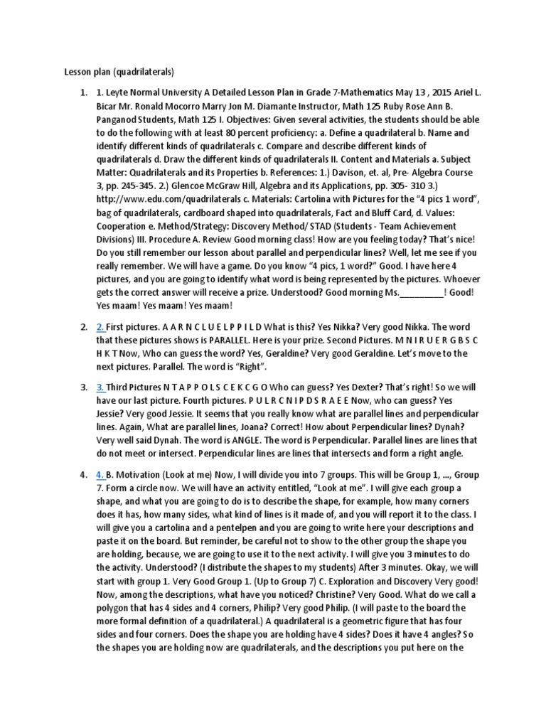 Lesson Plan Quadrilaterls Activities | PDF | Rectangle | Elementary Geometry