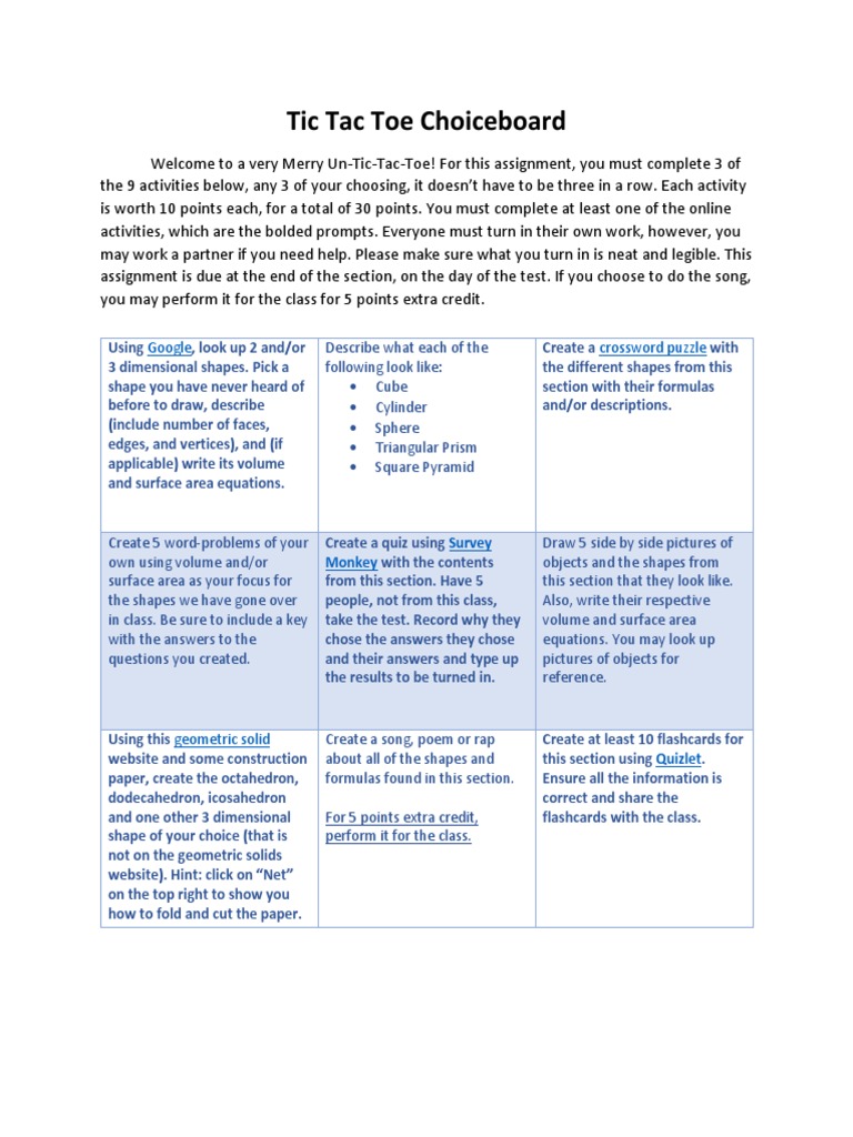 Tic Tac Toe Choiceboard | PDF | Volume | Euclidean Geometry