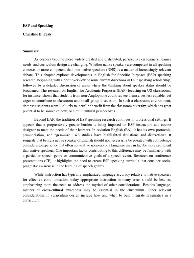 Summary - ESP and Speaking | PDF | Language Arts & Discipline | Foreign ...