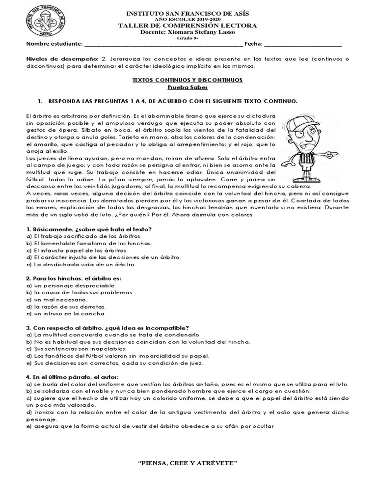 Taller Noveno Comprension Lectora Pdf árbitro