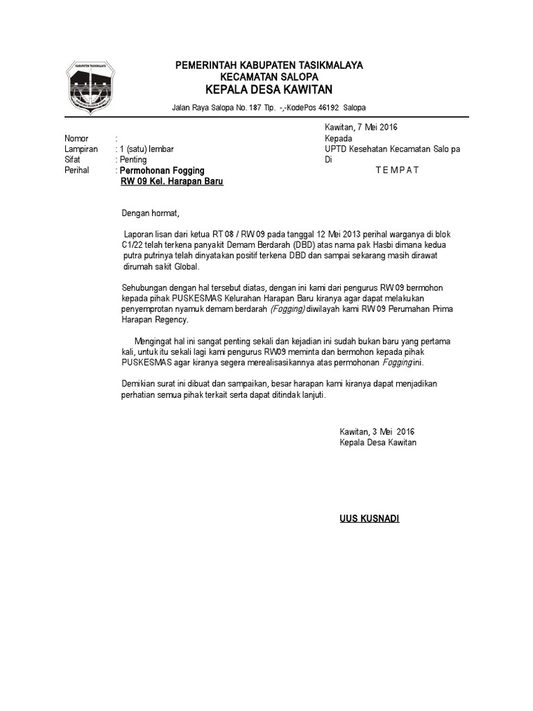 Contoh Surat Permohonan Fogging | PDF