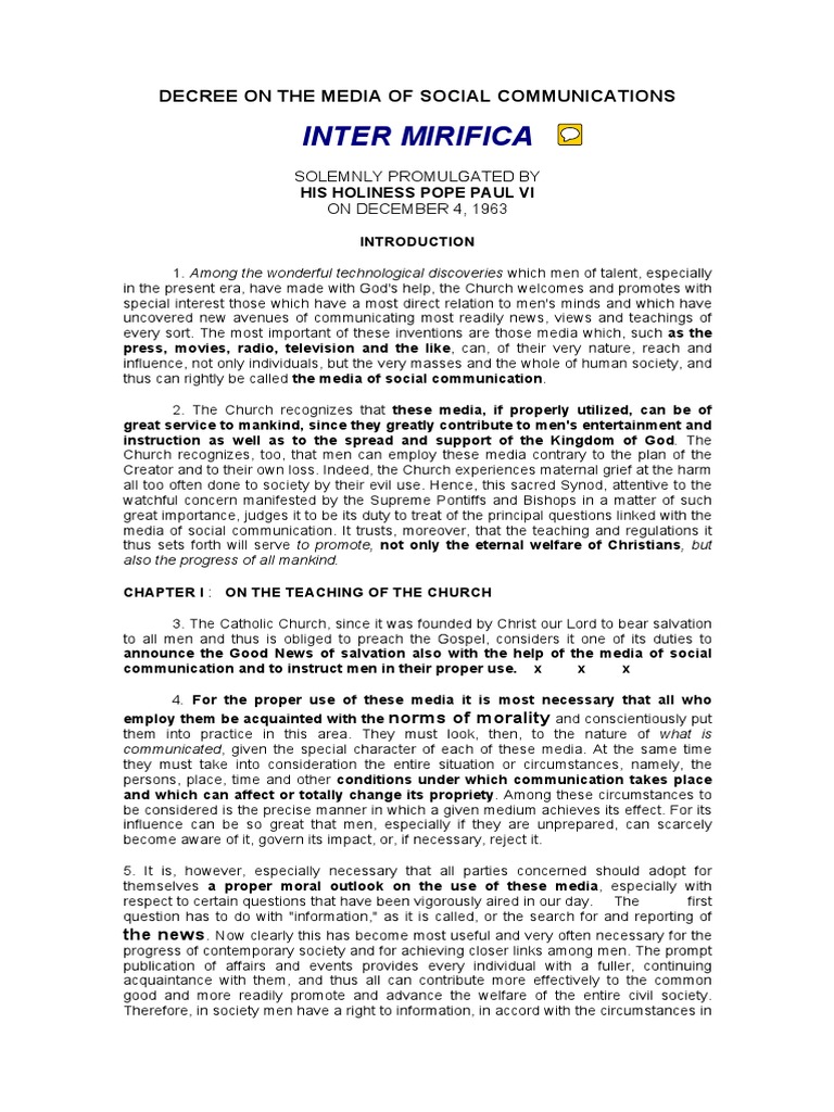 Inter Mirifica Decree | PDF | Catholic Church | Mass Media