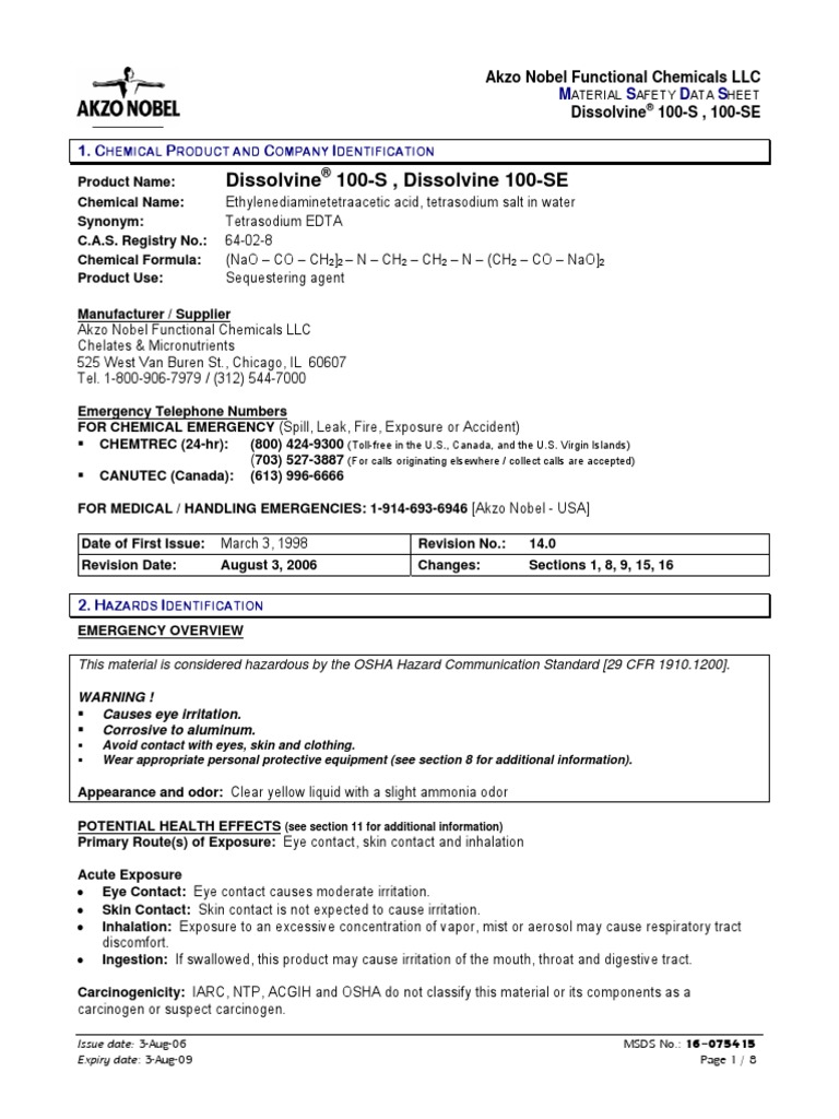 Dissolvine 100-S MSDS | PDF | Ethylenediaminetetraacetic Acid | Fires