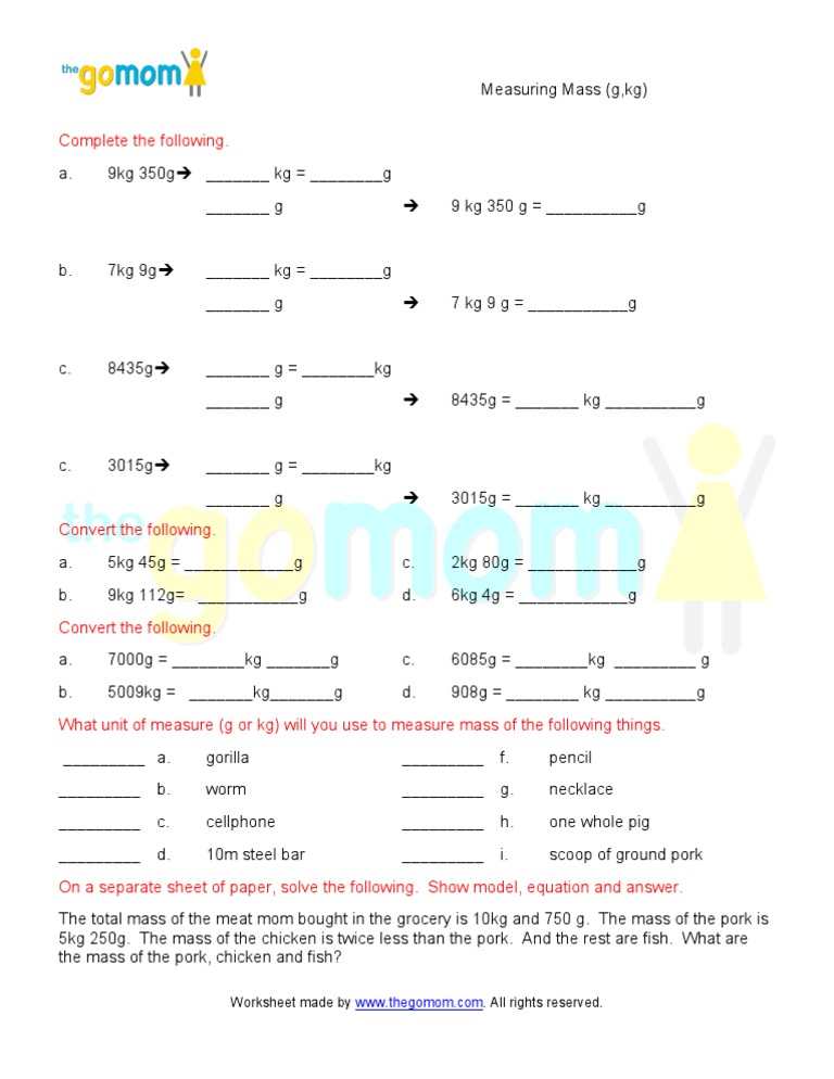Measuring Mass: Grams and Kilograms Worksheet | PDF