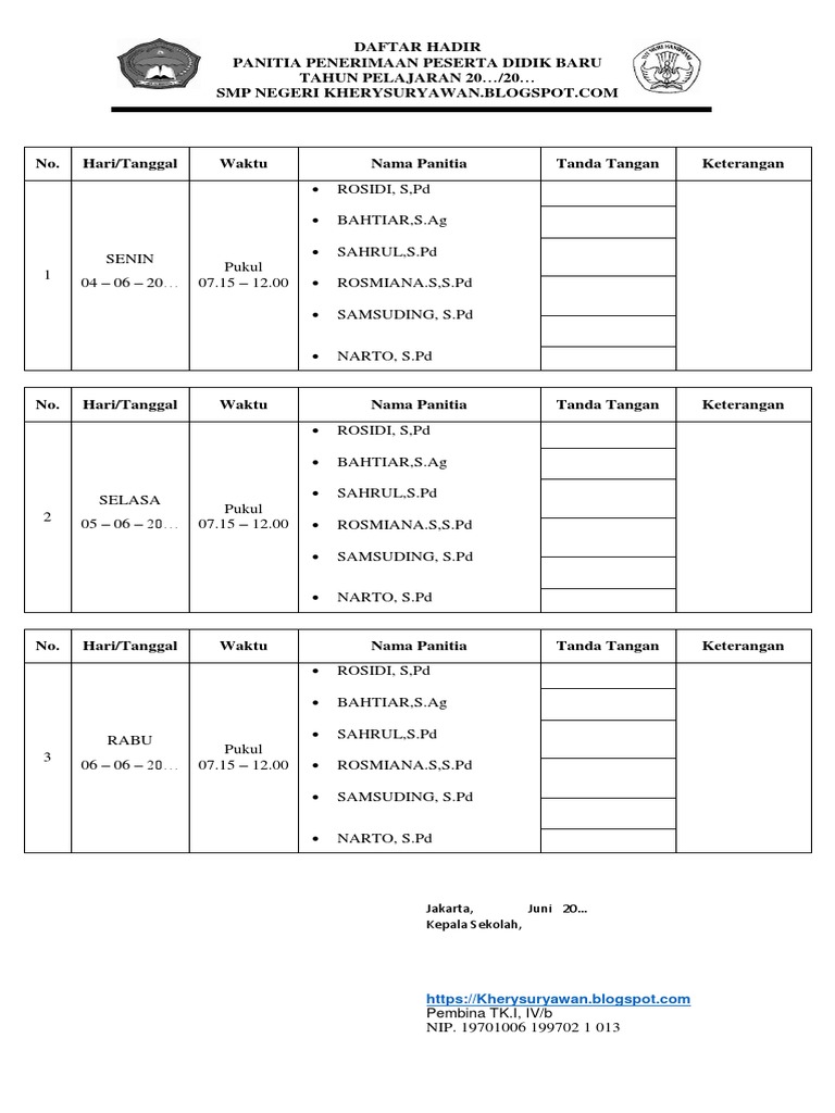 Format Daftar Hadir Panitia PPDB - Terbaru | PDF