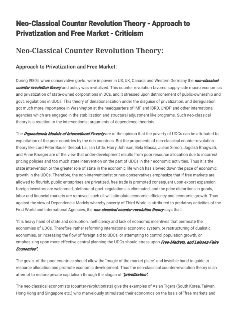 Neo-Classical Counter Revolution Theory - Approach To Privatization and ...