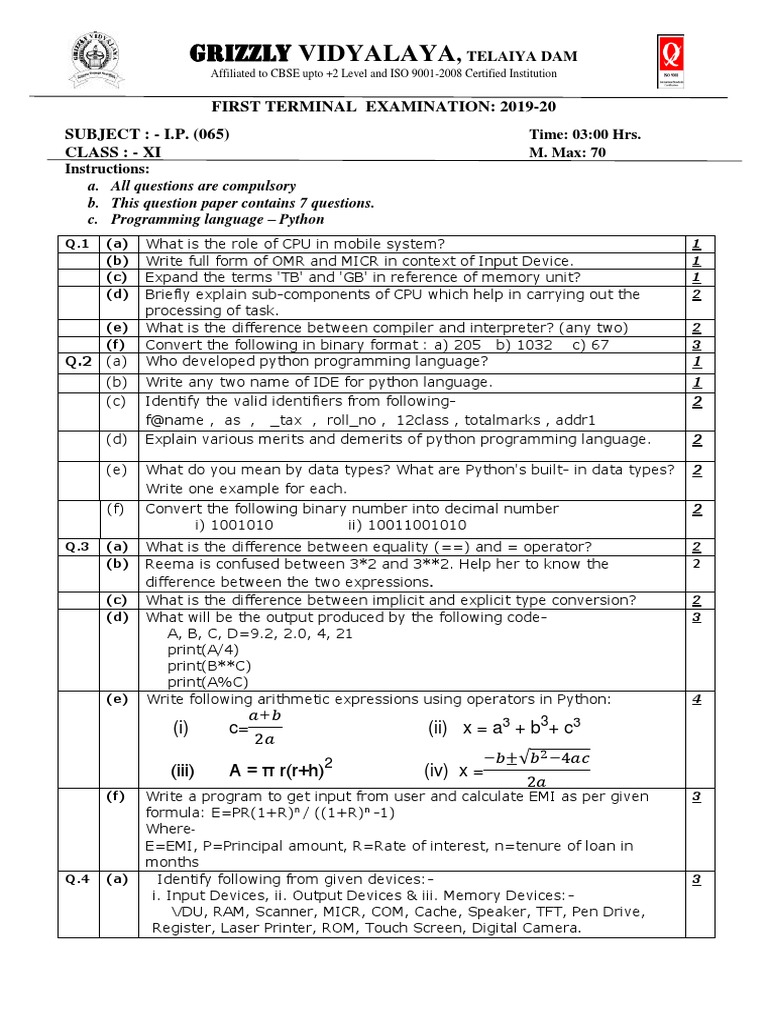 Class Xi Informatics Practices Half Yearly Grizzly Vidyalaya Pdf Computer Program