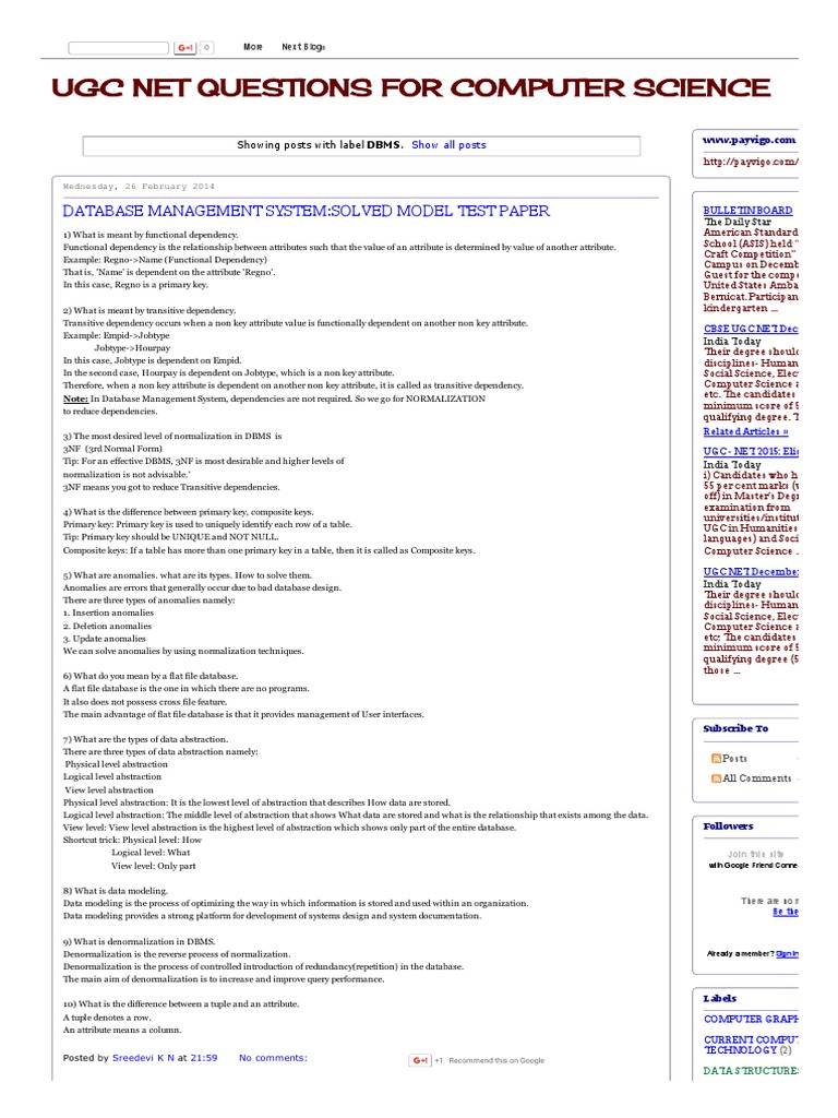 Ugc Net Questions For Computer Science DBMS PDF | PDF | Abstraction (Computer Science) | Databases