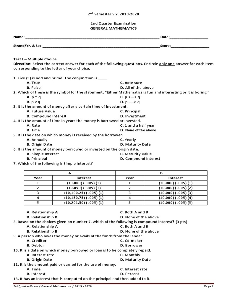 General Mathematics 2nd Quarter Exam | PDF | Compound Interest | Interest