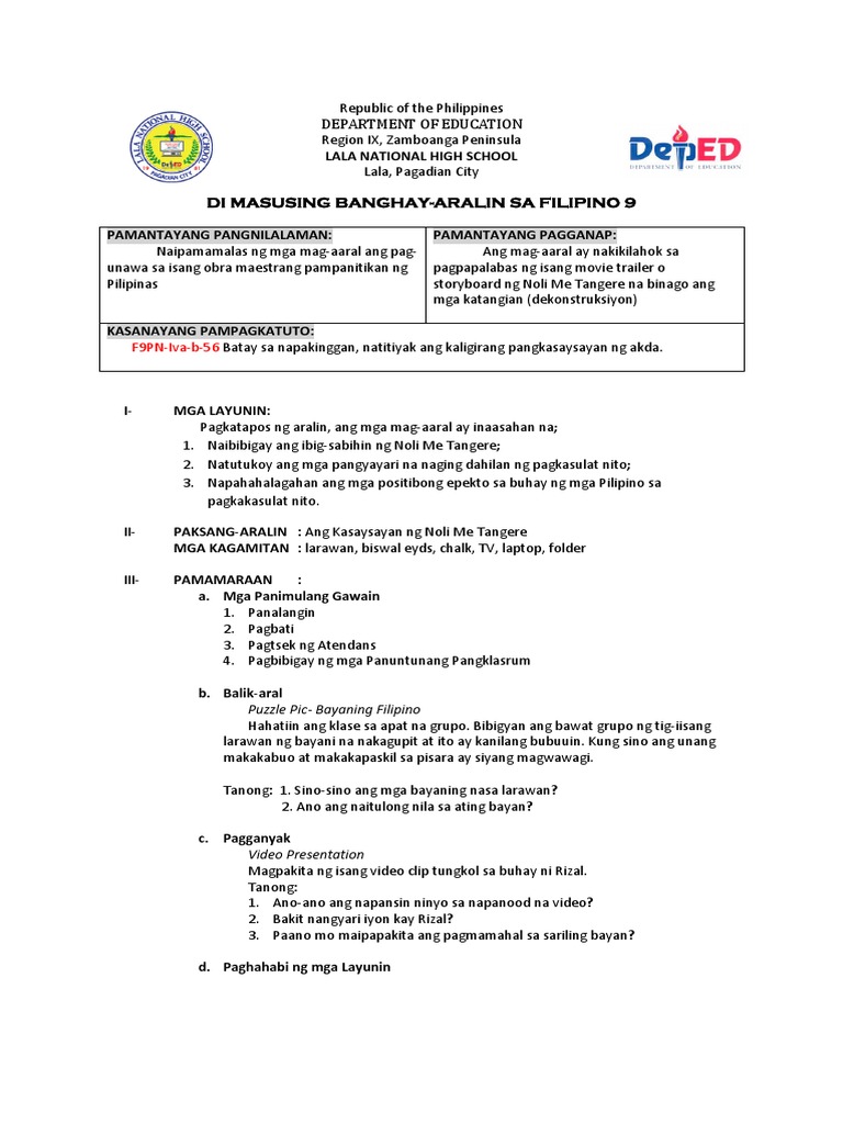 Filipino 9 Lesson Plan | PDF