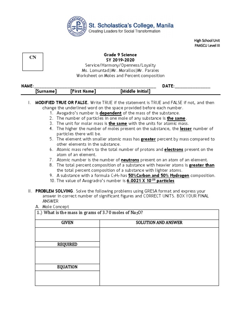 Worksheet On Moles and Percent Composition and Empirical and Molecular ...