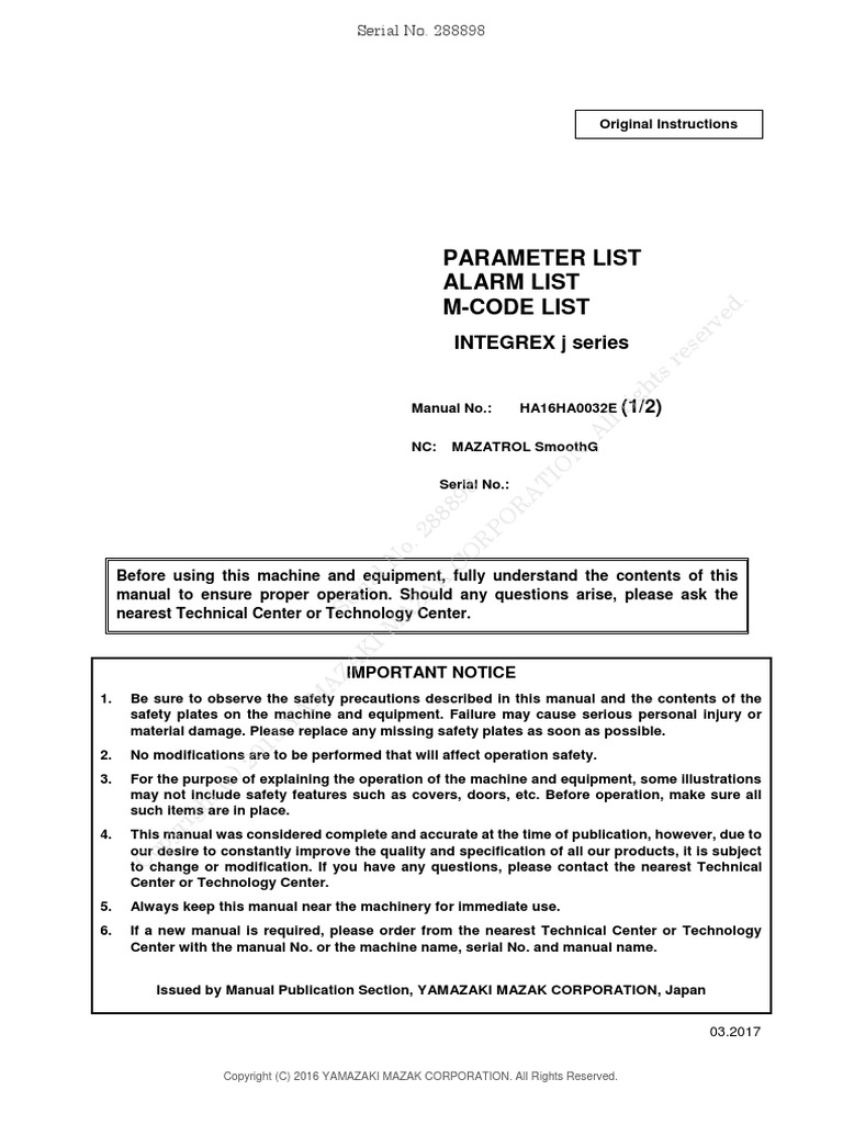 Mazak Integrex J Series Parameter List MCode List Alarm List | PDF | Machining | Numerical Control