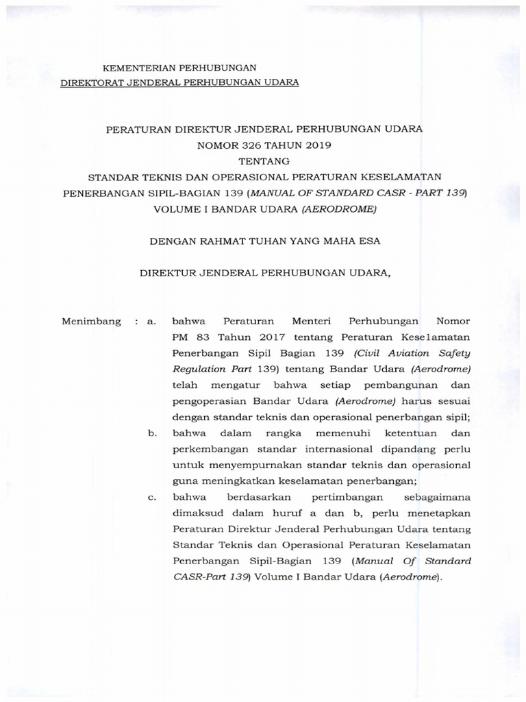 KP 326 Tahun 2019 Mos 139 Vol I Aerodrome PDF | PDF | Bisnis