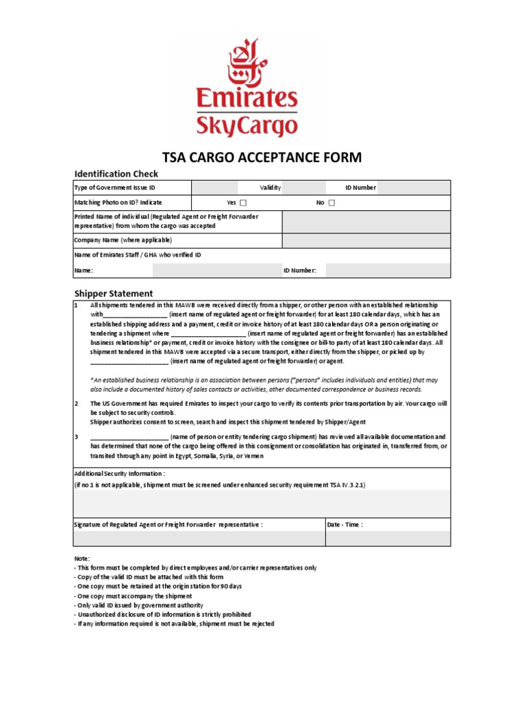 TSA Cargo Acceptance Form | PDF | Cargo | Transportation Security ...