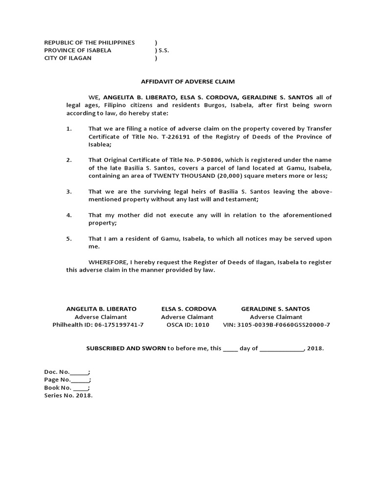Affidavit of Adverse Claim - Legal Heir | PDF