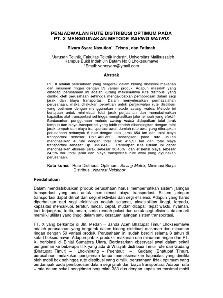 Penjadwalan Rute Distribusi Optimal Menggunakan Metode Saving Matrix | PDF
