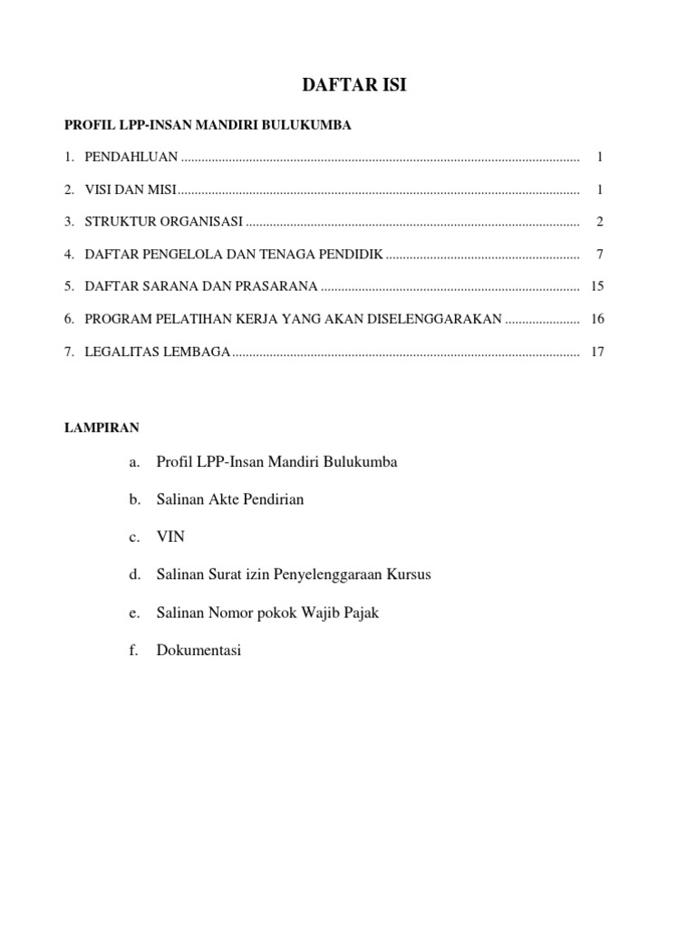 Daftar Isi Profil LPP | PDF