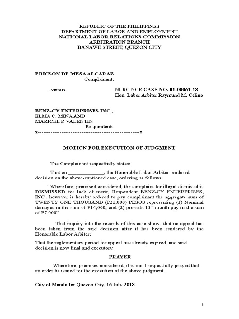 Motion for Execution of Judgment in NLRC Case | PDF