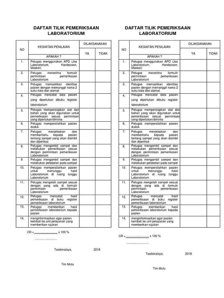 Daftar Tilik Pemeriksaan Laboratorium | PDF