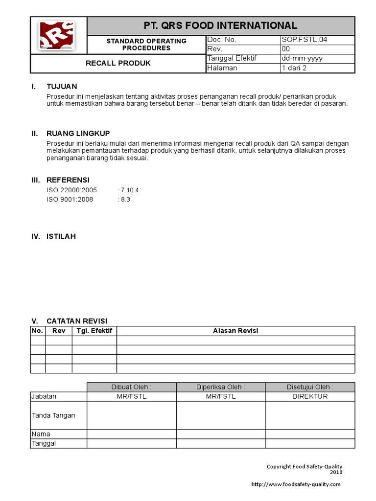 Sop - FSTL.04 Recall Produk | PDF