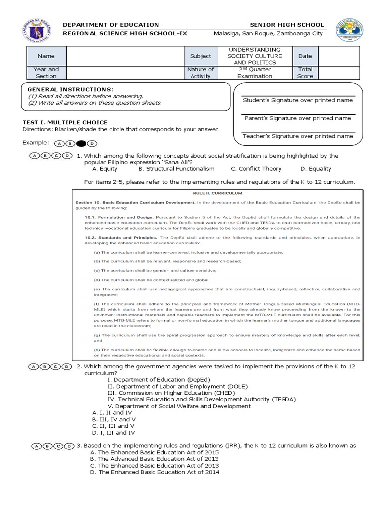 K to 12 Curriculum Examination Guide | PDF | Separation Of Powers ...