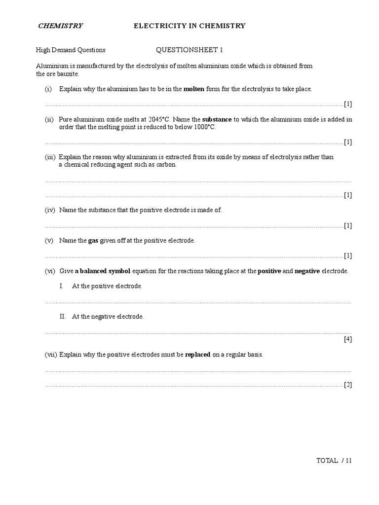Electrolysis in Chemistry: Key Questions | PDF | Electrolyte | Anode