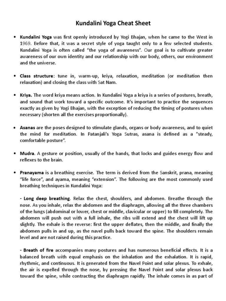 Kundalini Yoga Cheat Sheet Guide | PDF | Kundalini Yoga | Yoga