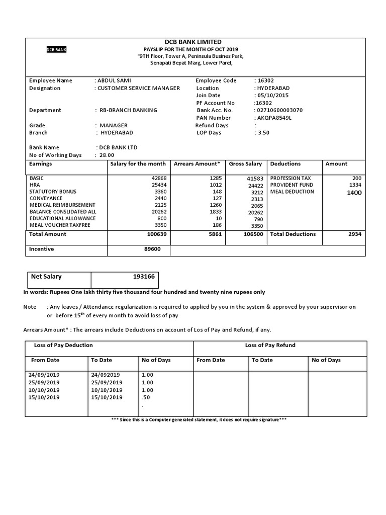 Pay Slip Format 1 | PDF | Tax Deduction | Services (Economics)