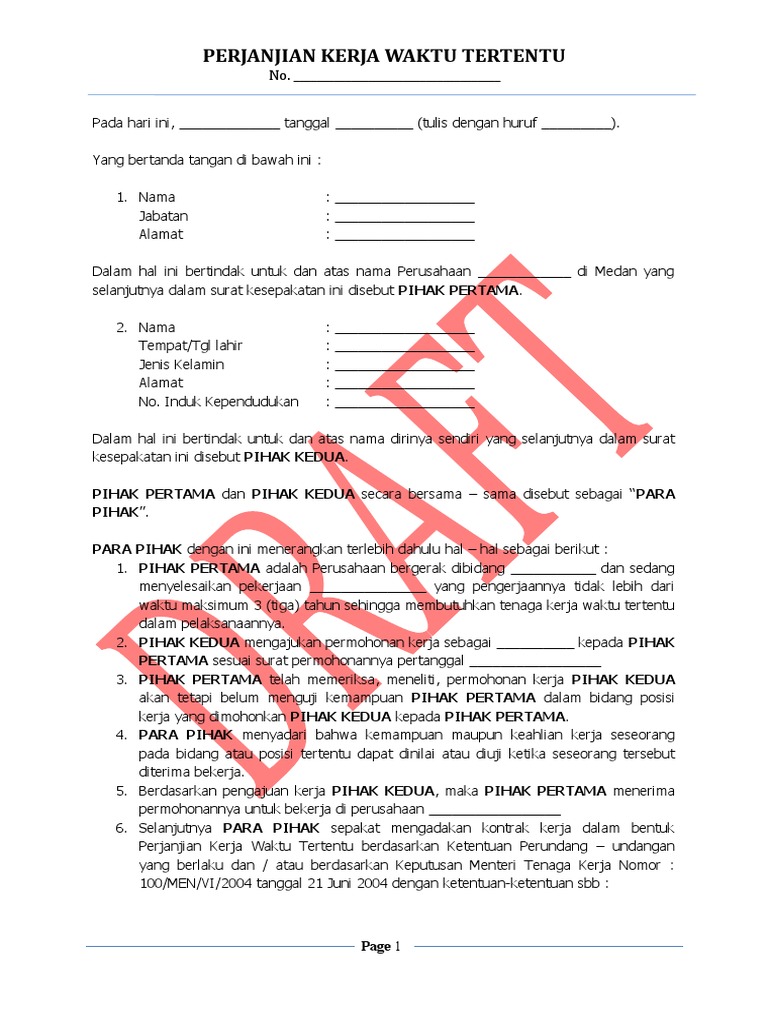 Draft PKWT (Perjanjian Kerja Waktu Tertentu) / Contoh Kontrak Kerja. | PDF