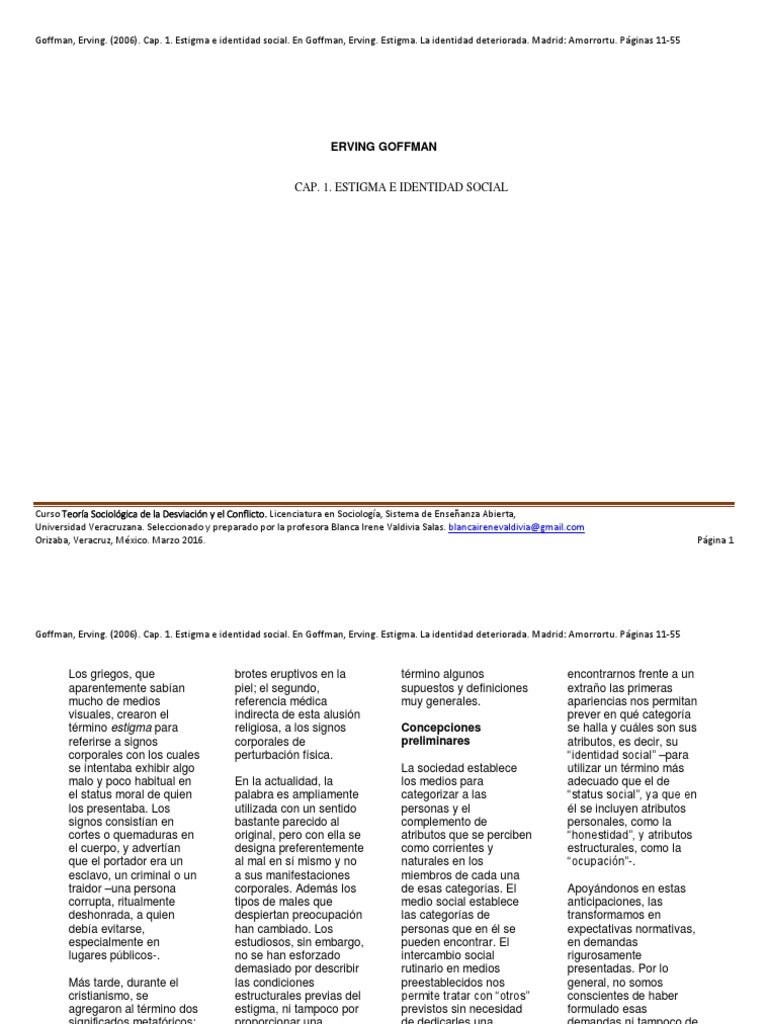 E Goffman Estigma | PDF | Estigma social | Sociología