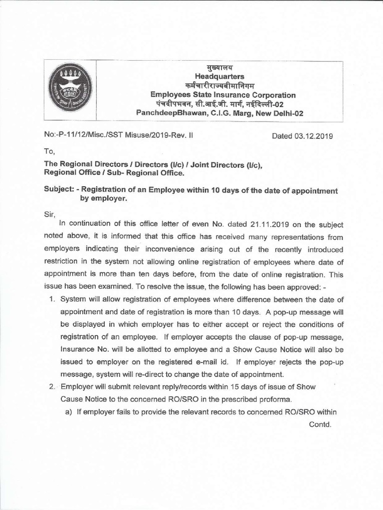 ESIC Circular On Delay in Registration of Employee | PDF