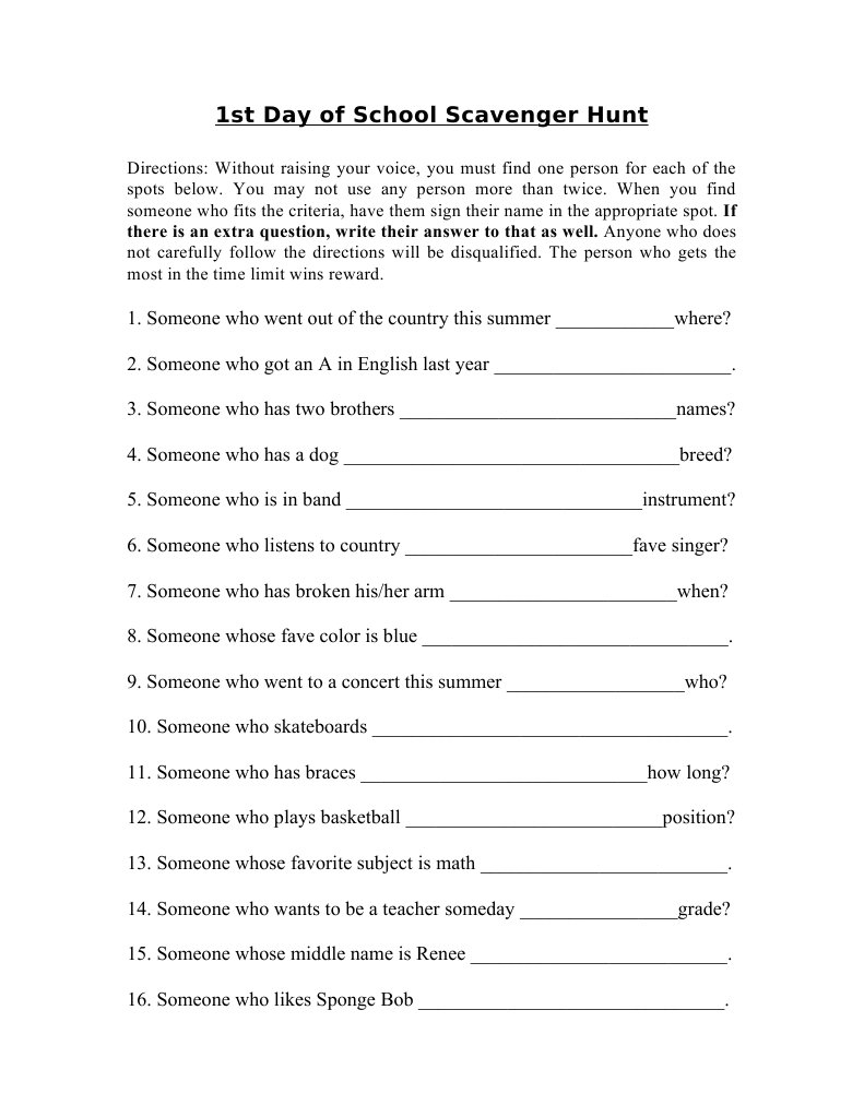 1st Day of School Scavenger Hunt Guide | PDF