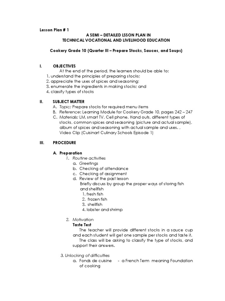 Cookery Grade 10 (Quarter III) Lesson 1 | PDF | Lesson Plan | Cooking