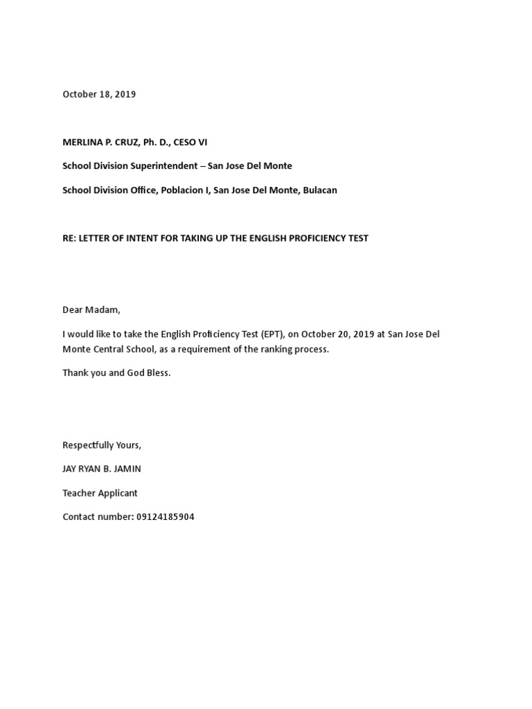 Letter of Intent for EPT Exam | PDF
