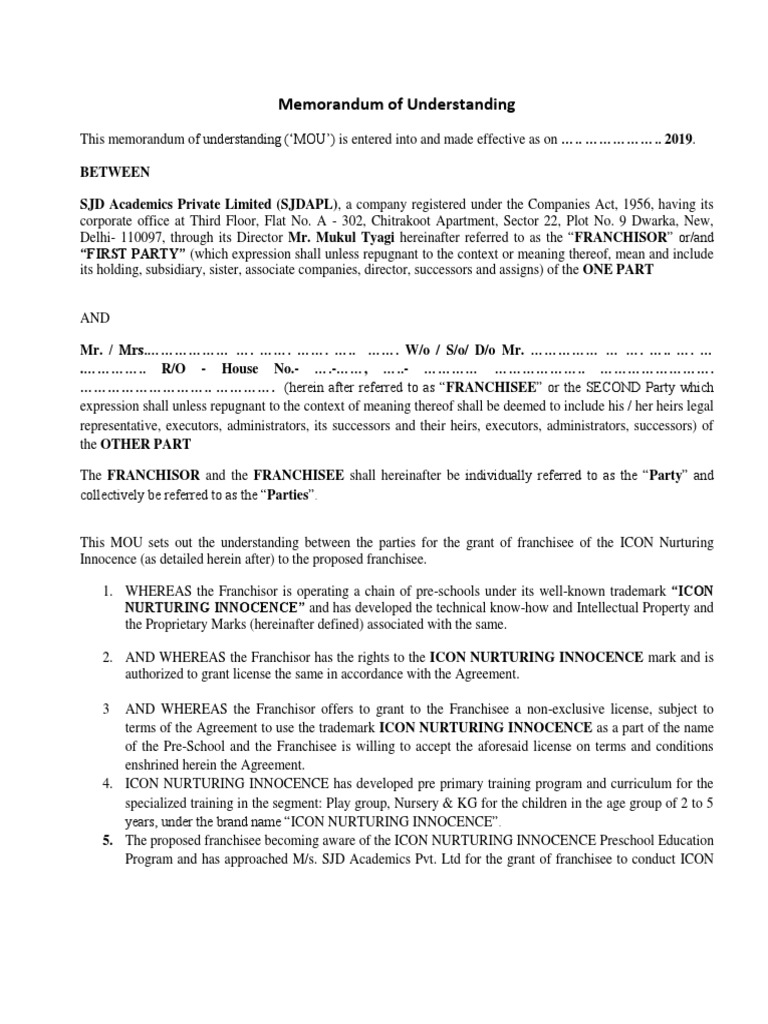 ICON MOU Draft | PDF | Franchising | Preschool