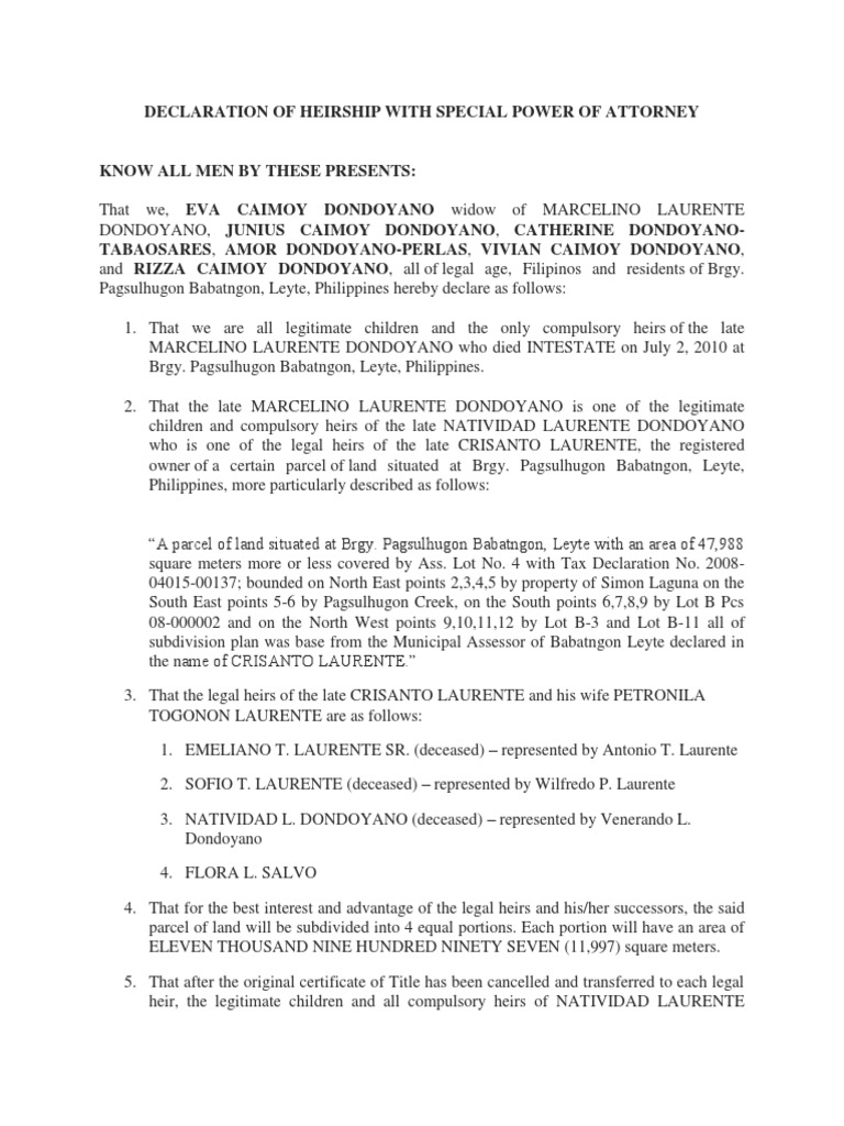 Declaration of Heirship with SPA | PDF | Power Of Attorney | Justice